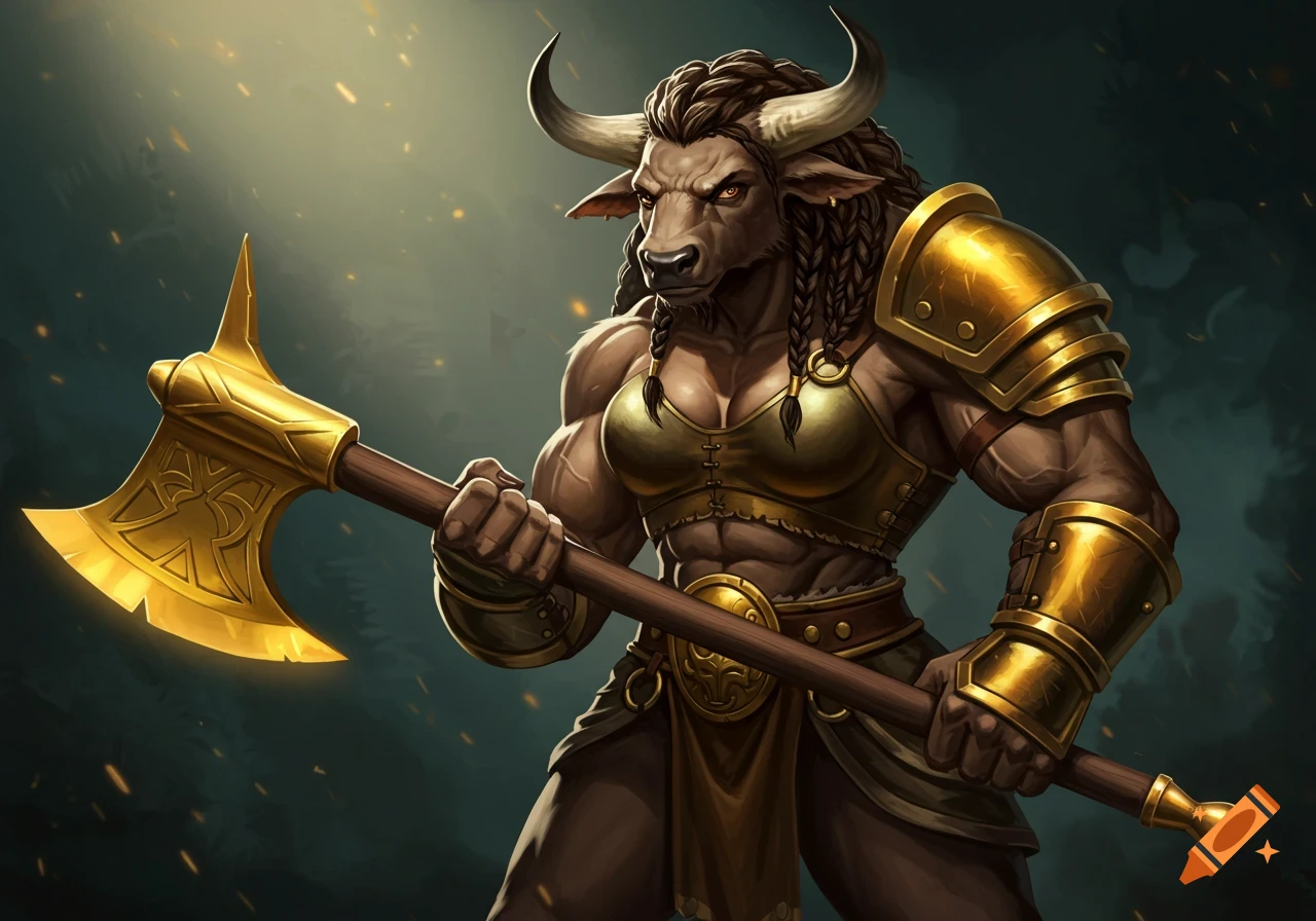 A powerful female minotaur warrior in golden armor holding a large golden axe, digital fantasy ...