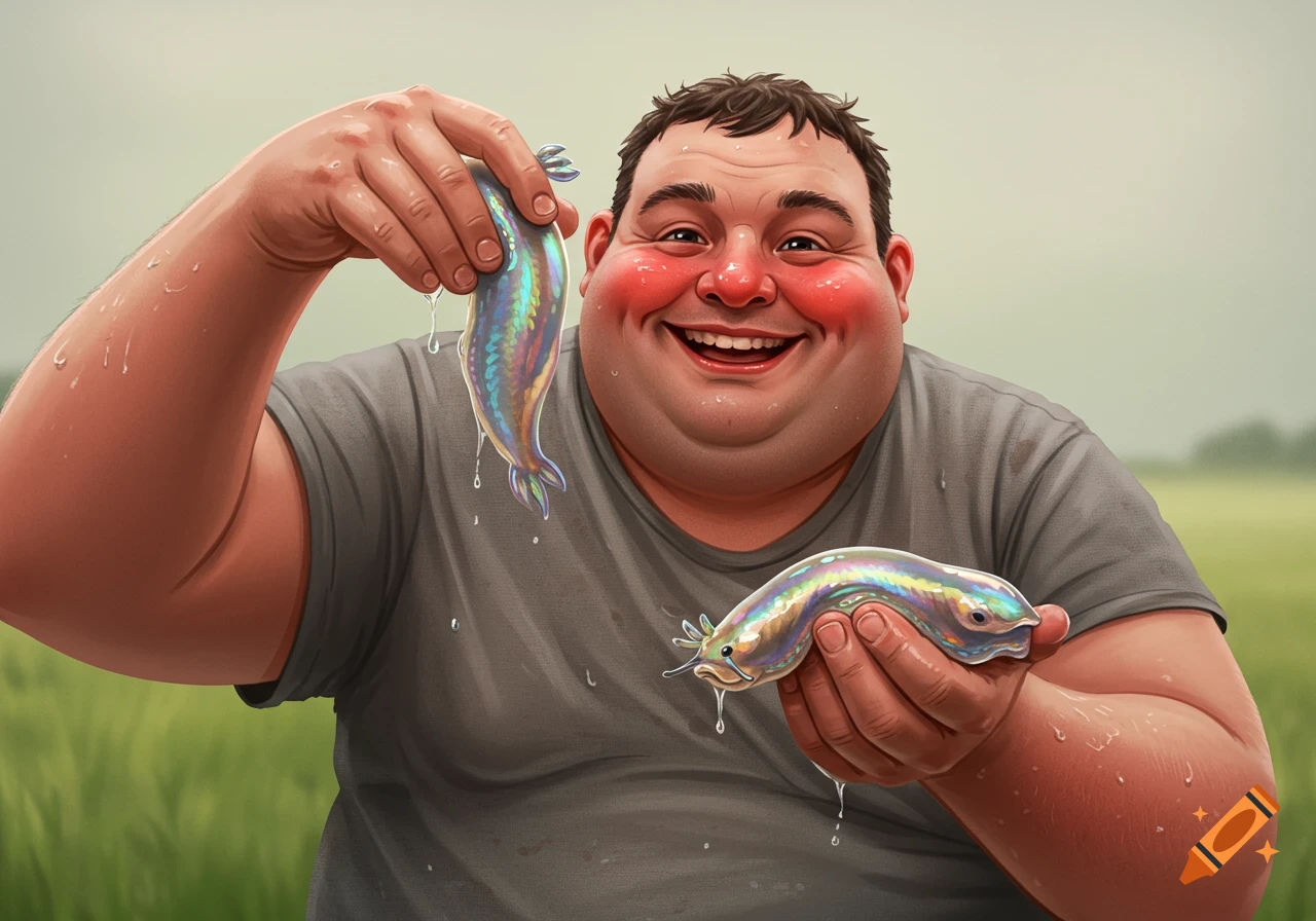 A smiling, overweight man holds up two iridescent, slimy, slug-like ...