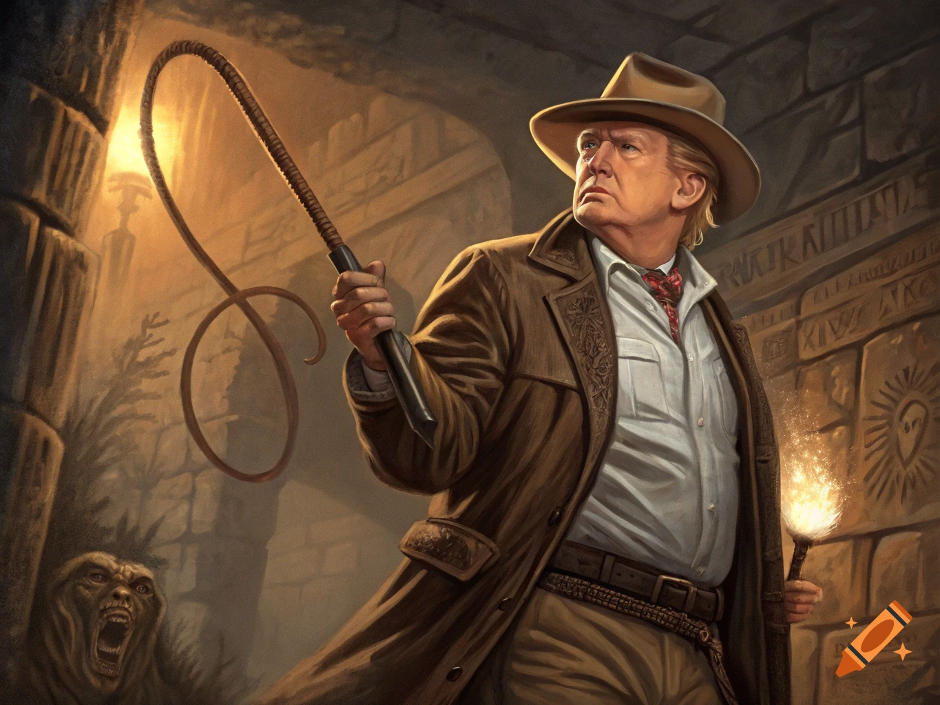 Donald Trump, dressed as Indiana Jones with a fedora and trench coat ...