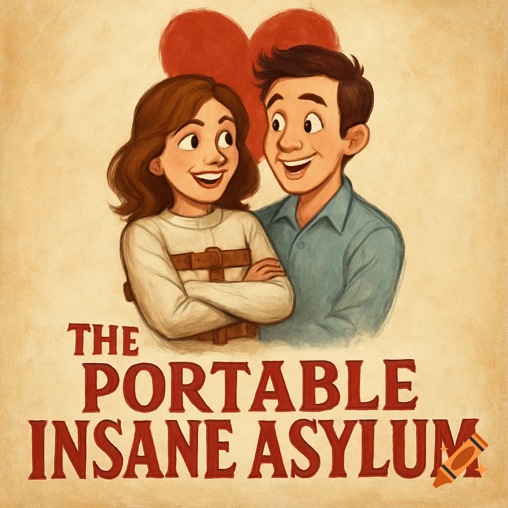 Cartoon illustration of a smiling couple, a woman in a straitjacket and ...