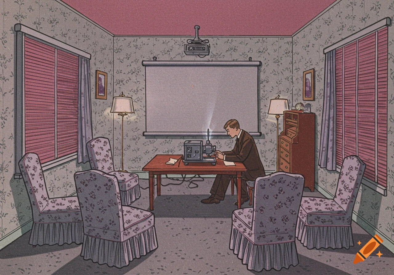 A vintage illustration of a man operating a projector in a drawing room ...