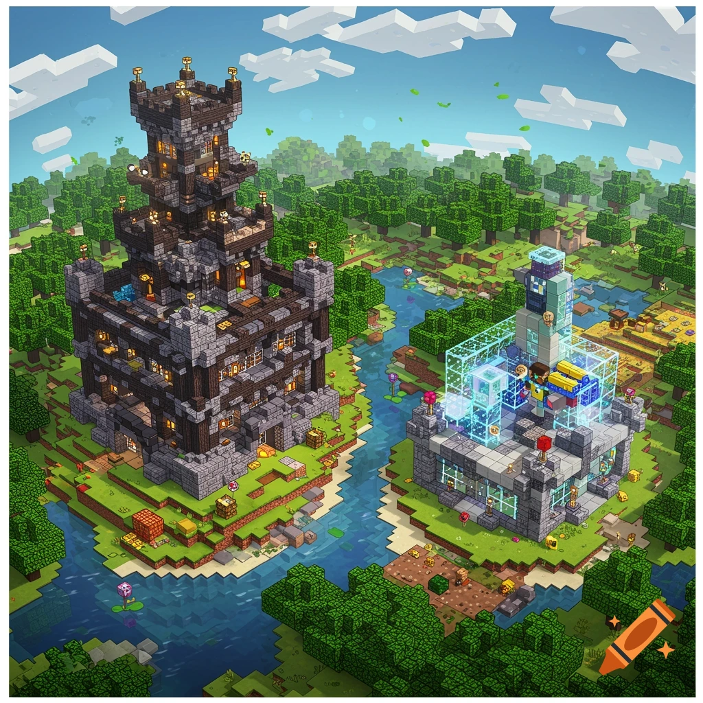 Isometric view of two contrasting Minecraft-style builds separated by a ...