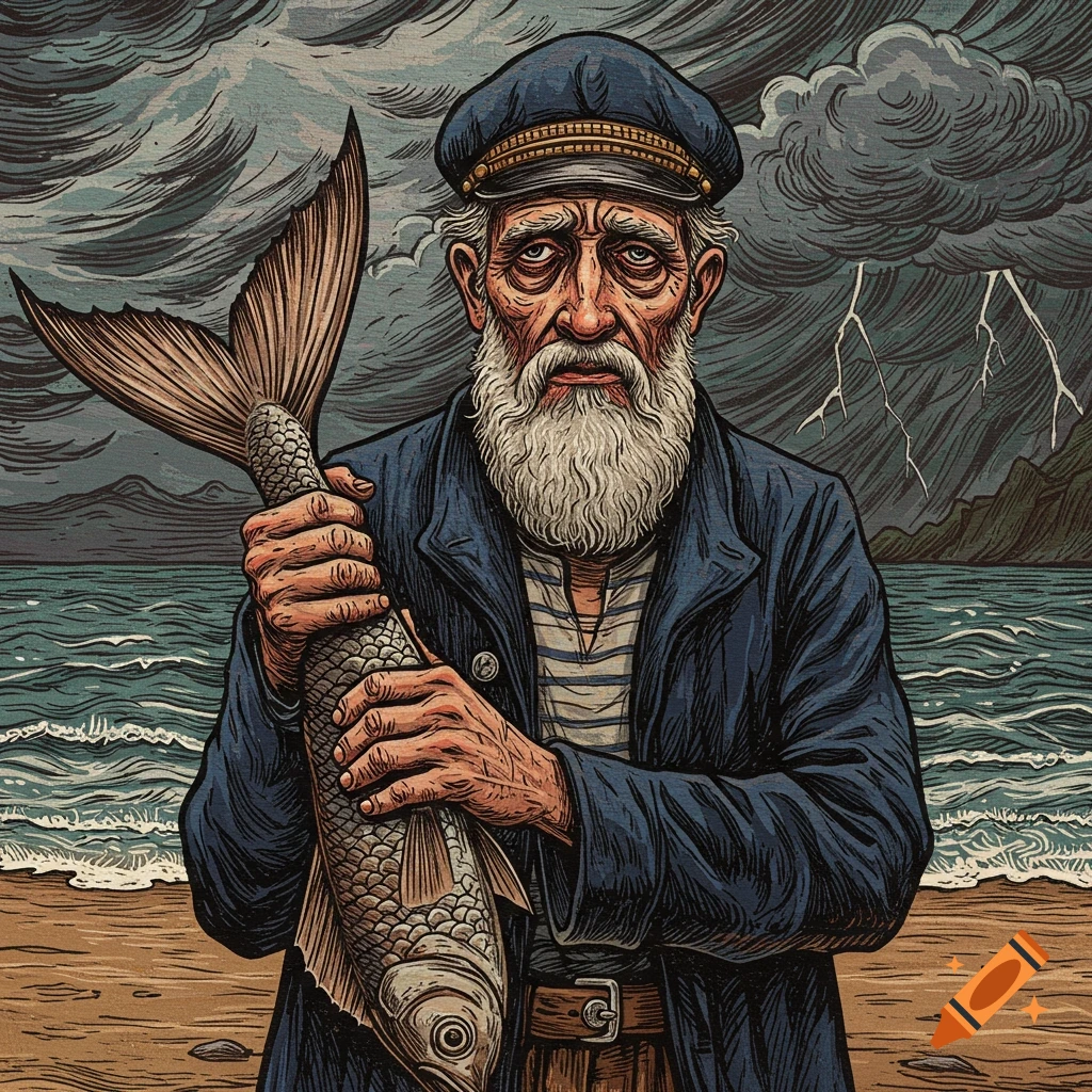 Woodcut print of an old seaman with a white beard, wearing a captain's ...