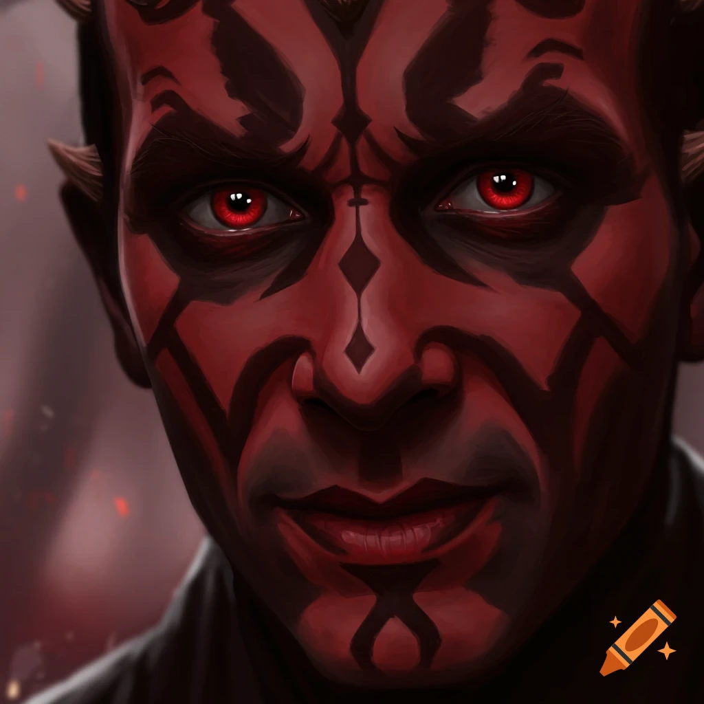 Close-up portrait of Darth Maul with red skin, black tattoos, and ...