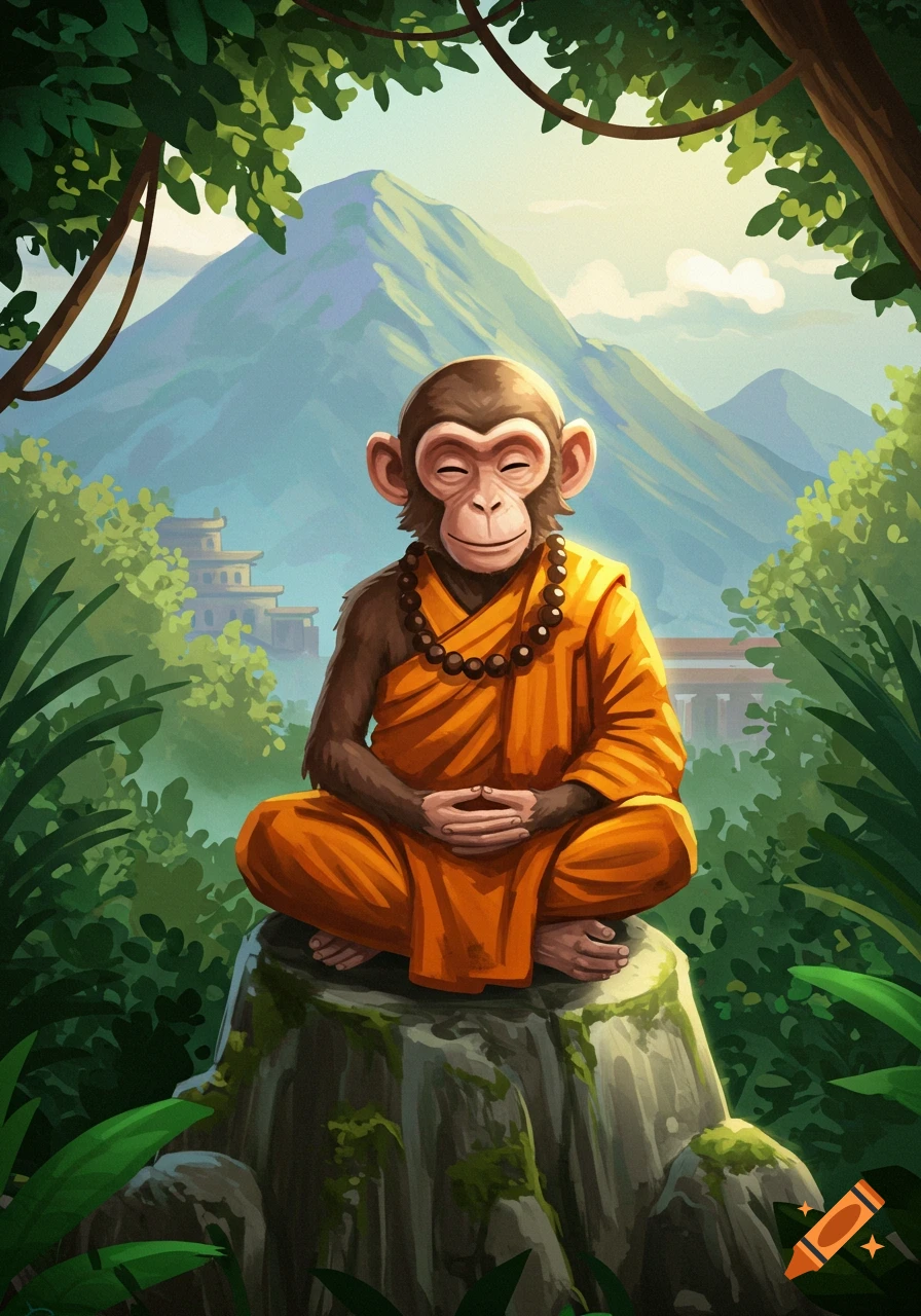 A stylized cartoon monkey dressed in orange monk robes meditates on a ...