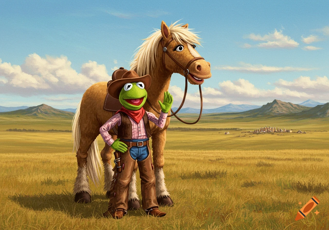 Kermit the Frog, dressed as a cowboy, stands next to a horse in a vast ...