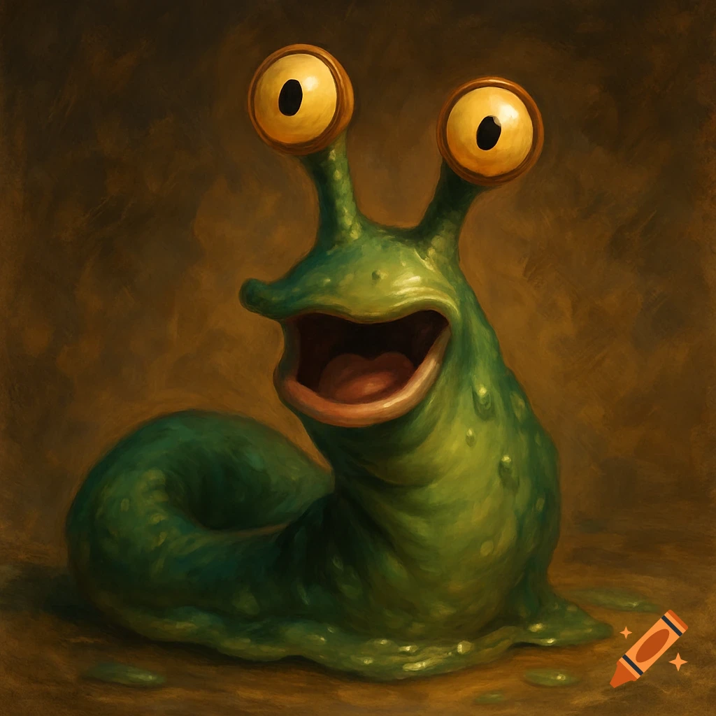 A happy, cartoonish green slug-like creature with large googly eyes and ...