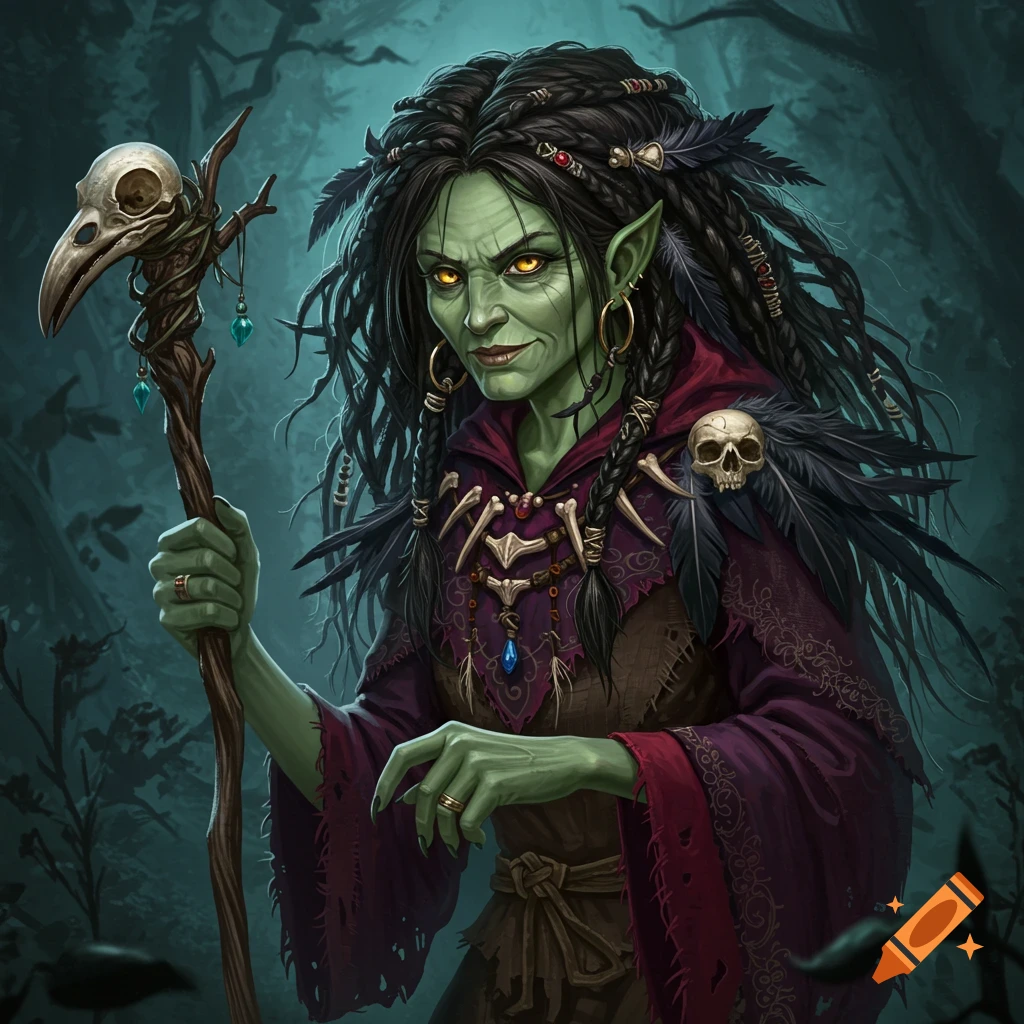 A menacing green-skinned witch with glowing yellow eyes and braided ...