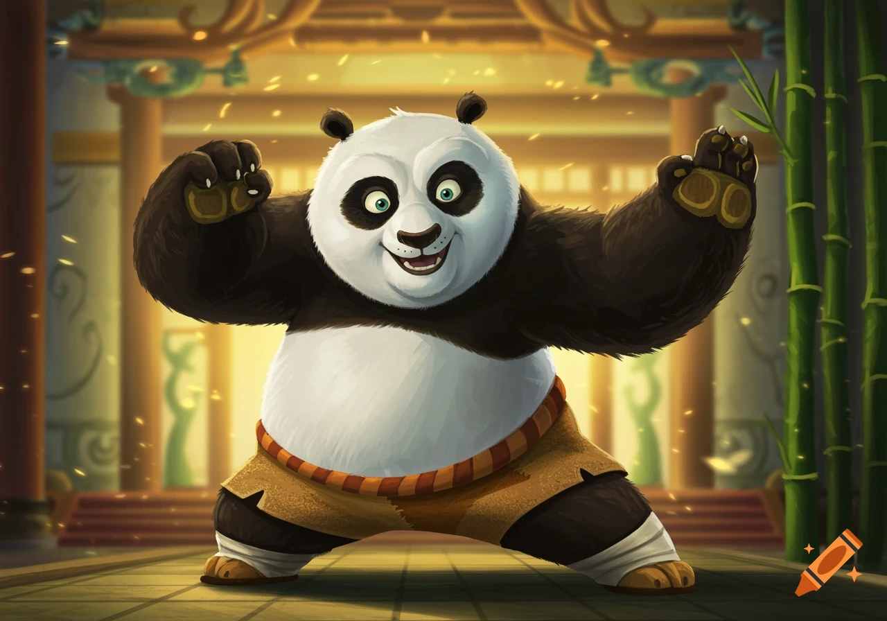 Cartoon panda character Po from Kung Fu Panda in a fighting stance in a ...