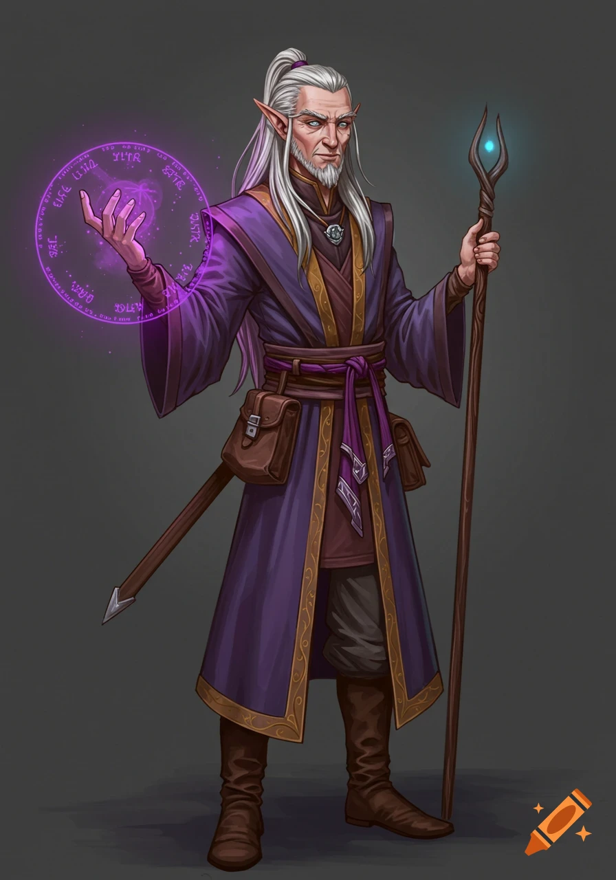 An old male elf sorcerer with long white hair and a purple robe casts a ...