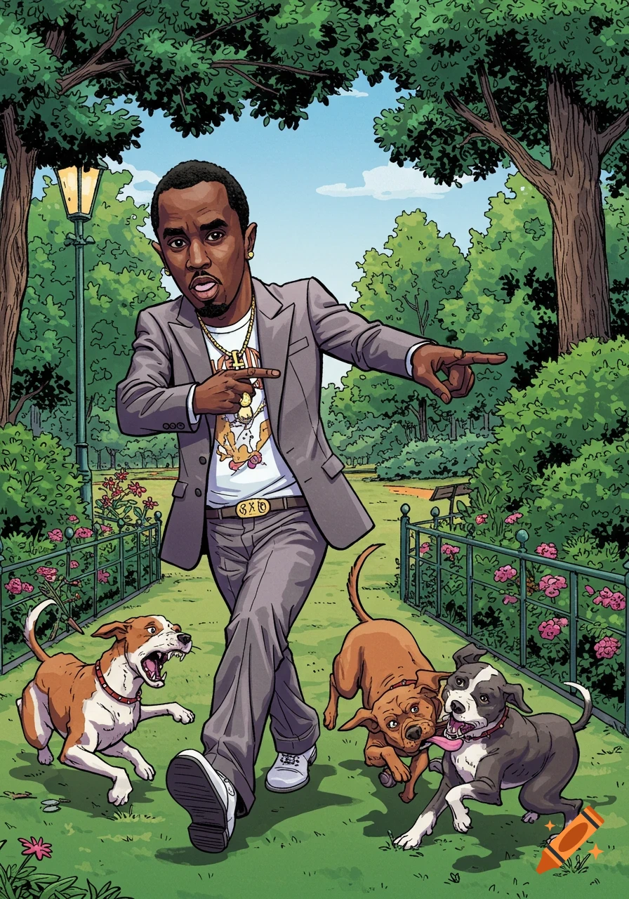 Cartoon illustration of Diddy in a park, pointing as two dogs fight ...
