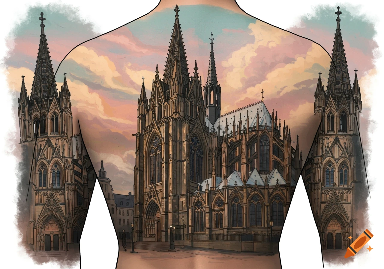 Detailed illustration of a Gothic cathedral tattoo on a person's back ...