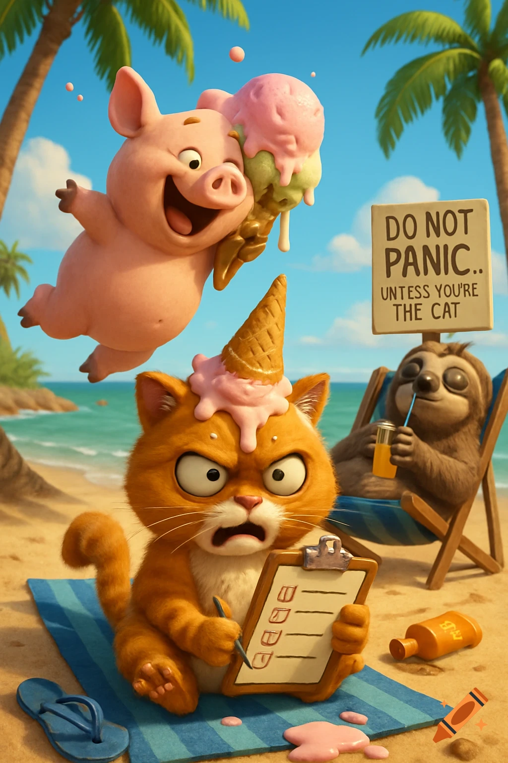 A humorous 3D cartoon shows a frustrated orange cat with an ice cream ...