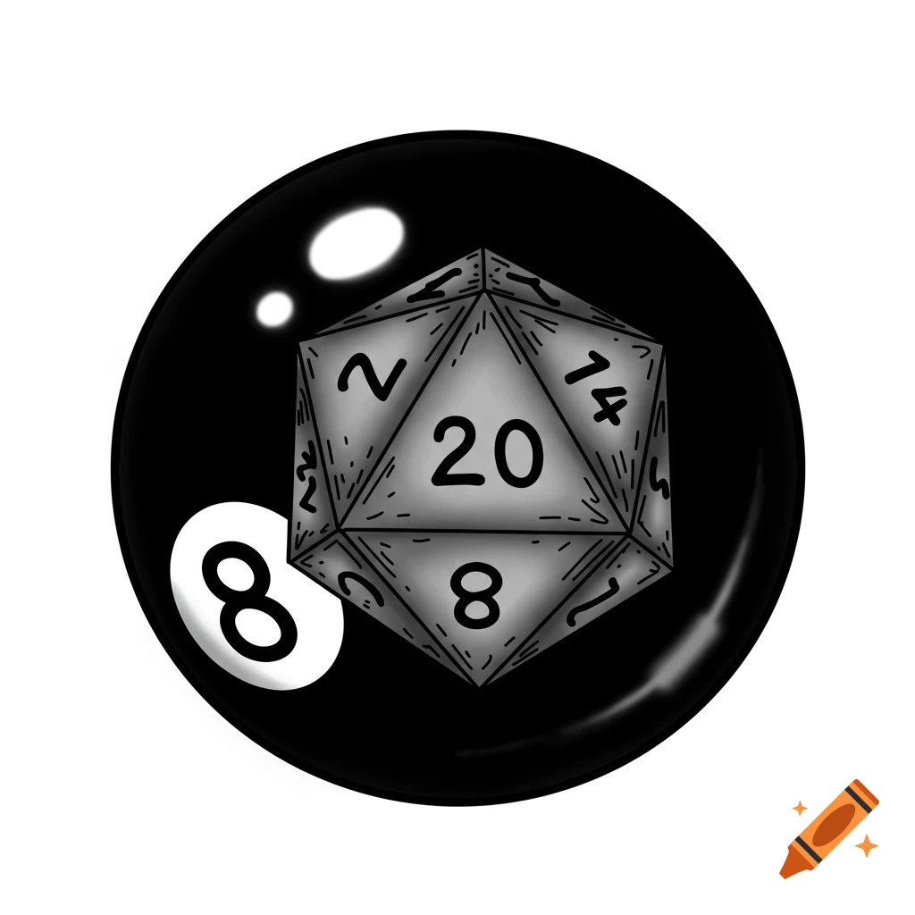 A black and white illustration of a d20 dice inside a pool 8-ball ...