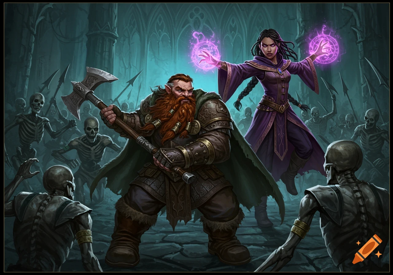 A dwarven ranger with an axe and a female wizard casting spells fight ...