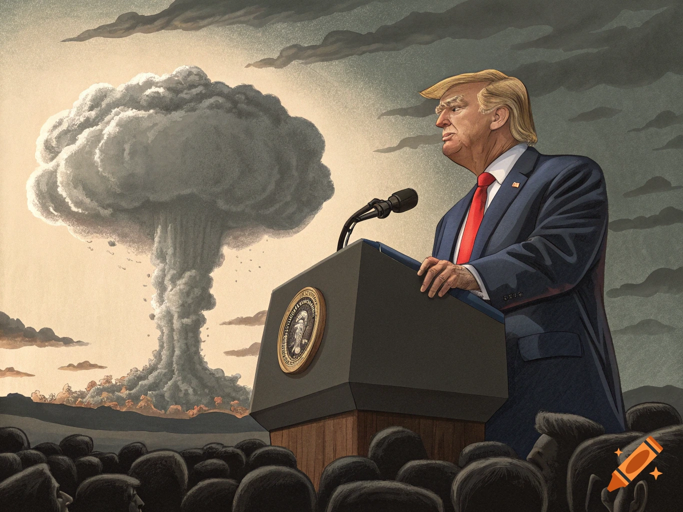 An illustration of Donald Trump giving a speech at a podium with a ...