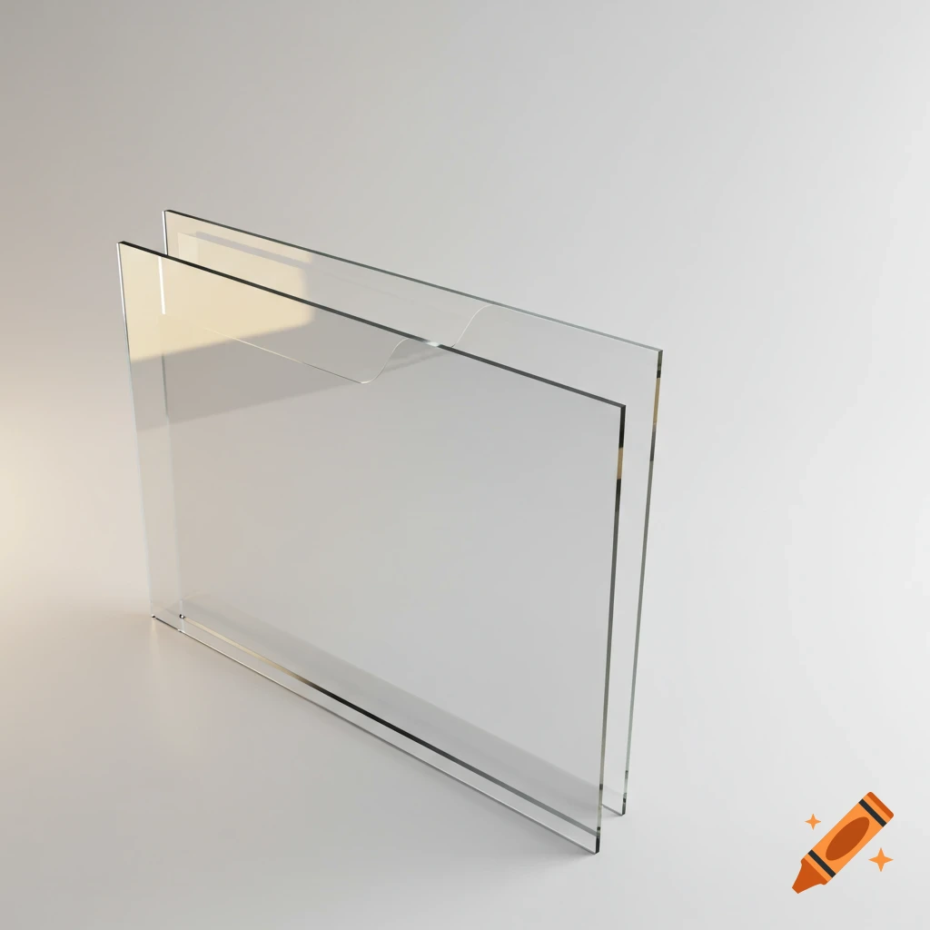 A clear transparent glass folder stands upright on a white surface ...