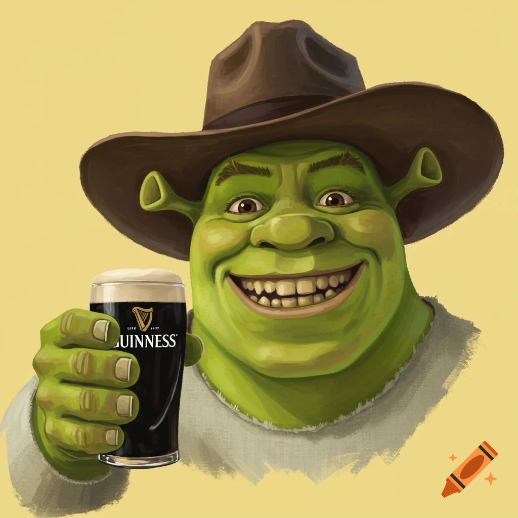 Shrek smiling, wearing a cowboy hat, holding a glass of Guinness beer ...