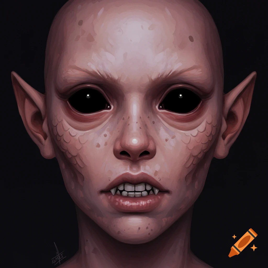 Close-up portrait of a bald, pale fantasy creature with black eyes ...