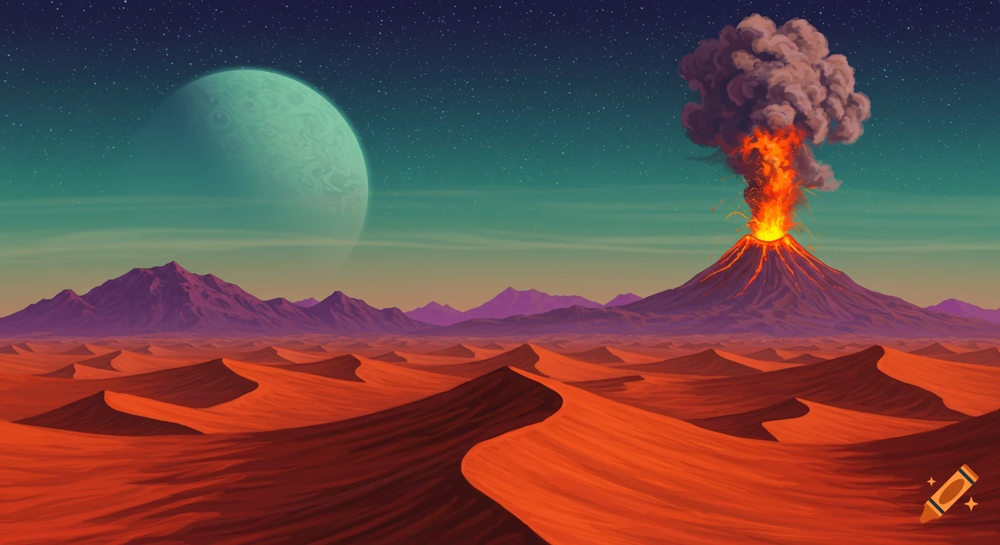 A stylized alien desert landscape with red sand dunes, purple mountains ...