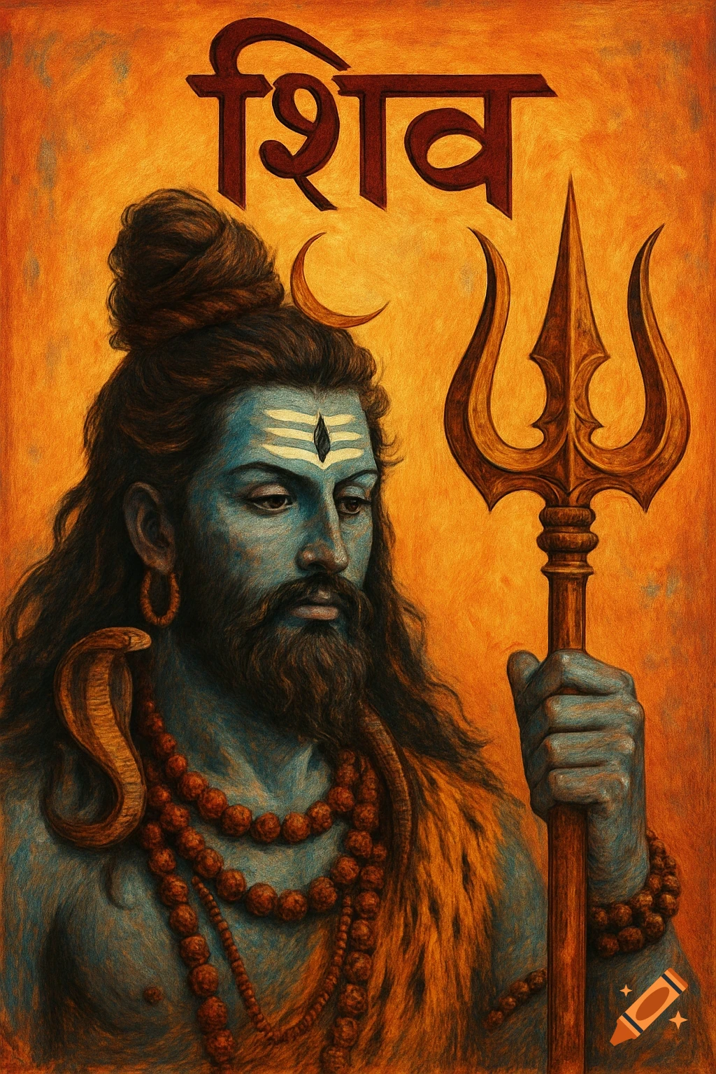 A painterly portrait of blue-skinned Lord Shiva with a trident ...