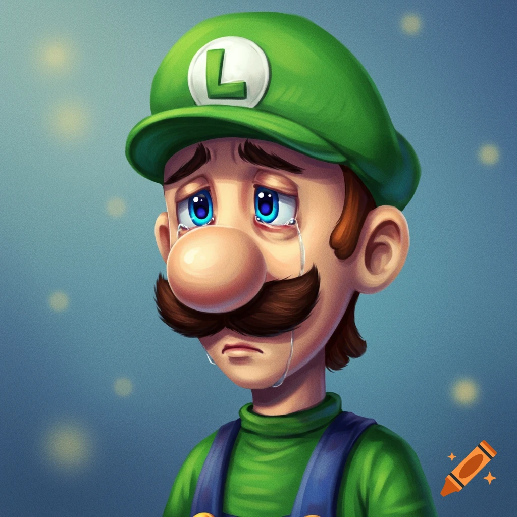 Close-up of Luigi from Super Mario Bros crying with tears streaming ...