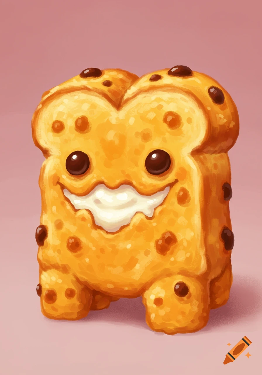 A cute, happy eggy bread monster with chocolate chip eyes and a creamy ...