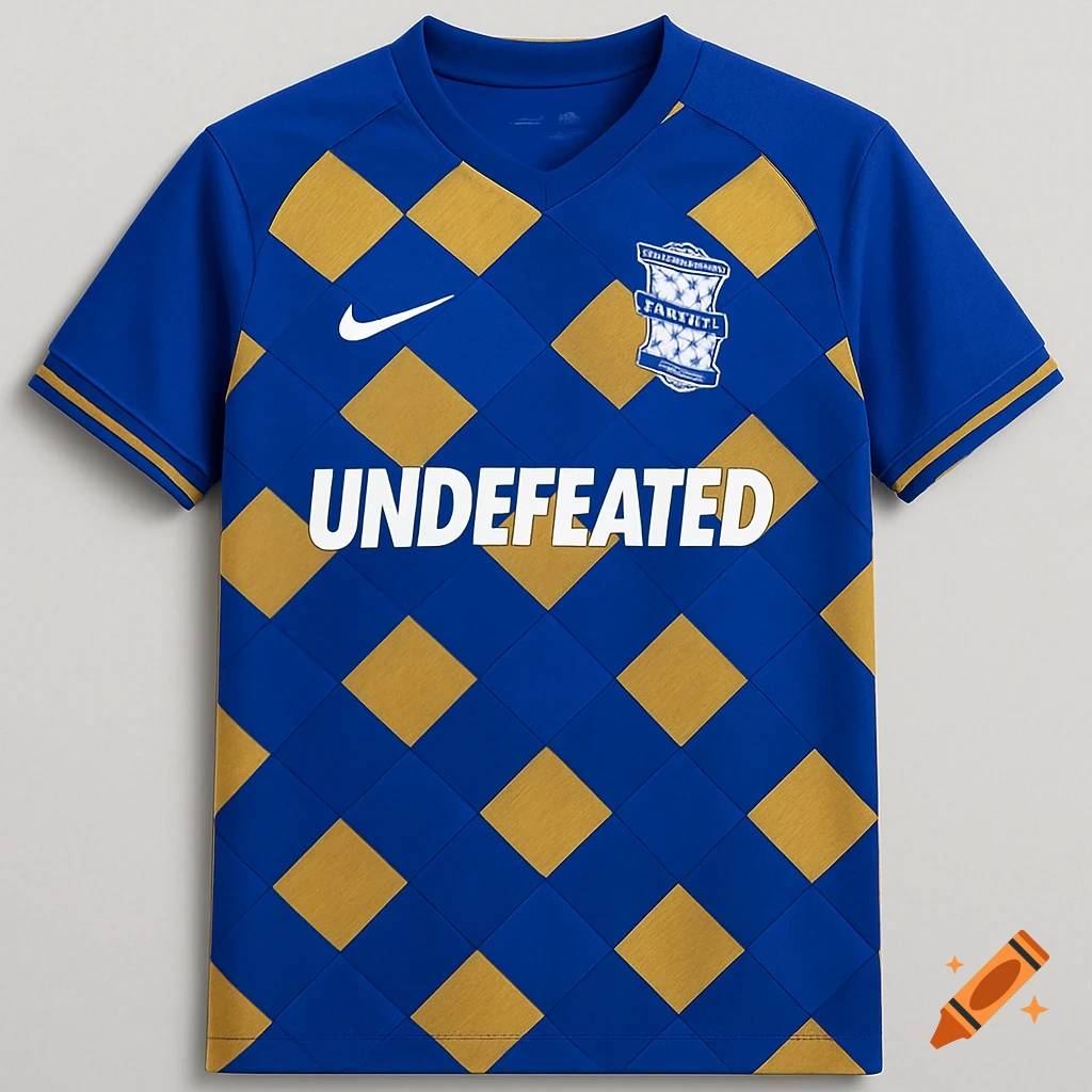 A royal blue and gold checkered football shirt with 'UNDEFEATED' in ...