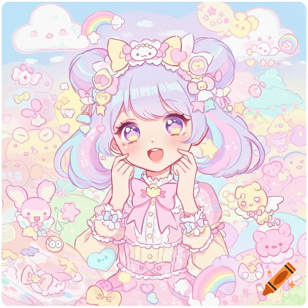 A happy anime girl with multi-colored hair in a pastel cutecore style ...
