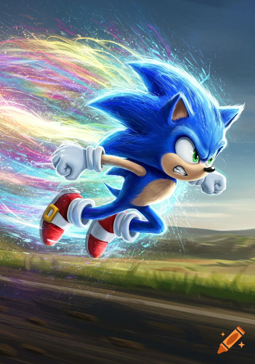 Sonic the Hedgehog runs at super speed, leaving a vibrant, rainbow ...