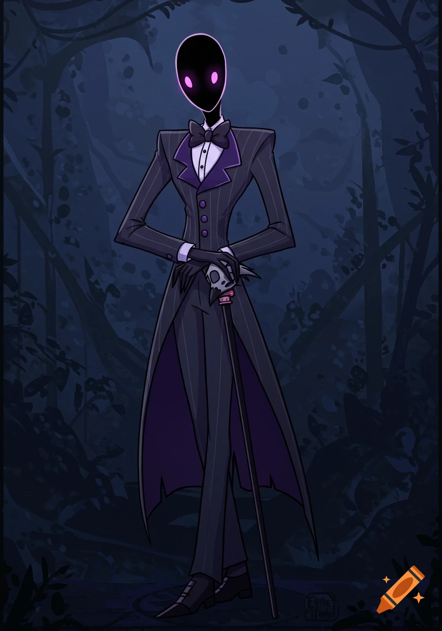 A tall, slender, dark character with glowing purple eyes, in a ...