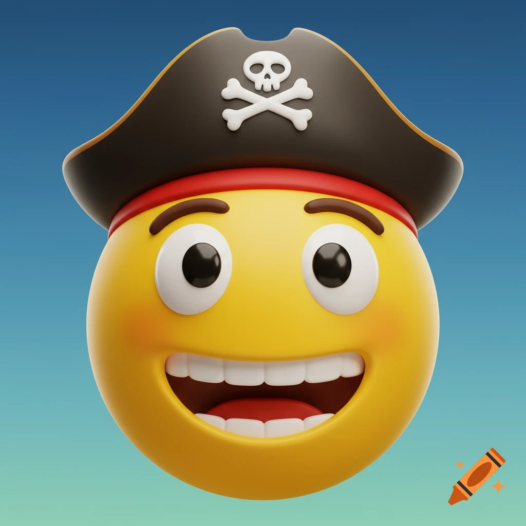 A happy 3D smiley face wearing a black pirate hat with a white skull ...