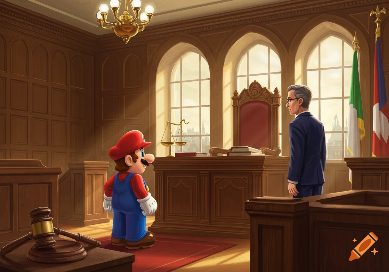 Mario stands in a courtroom, facing a man in a suit, with a judge's ...