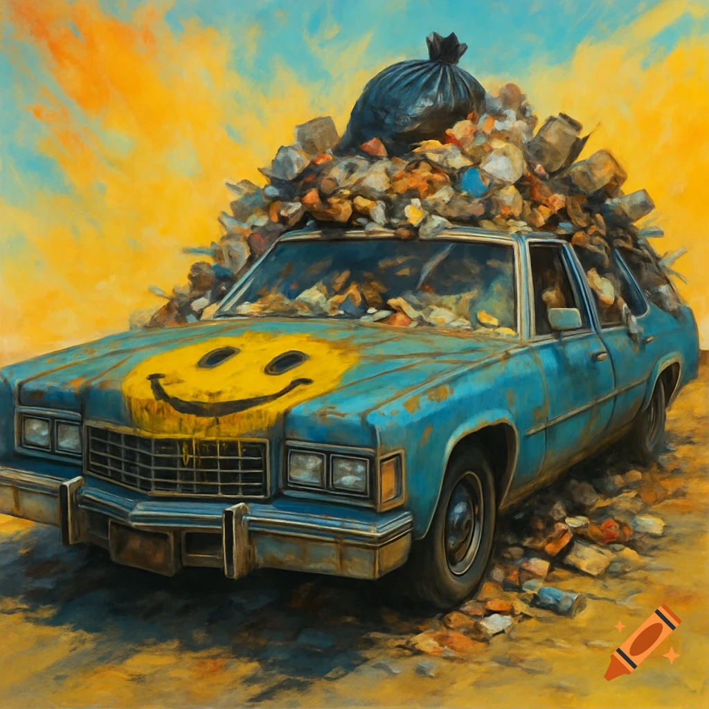 A blue, dilapidated 1975 Cadillac sedan covered in trash, with a large ...