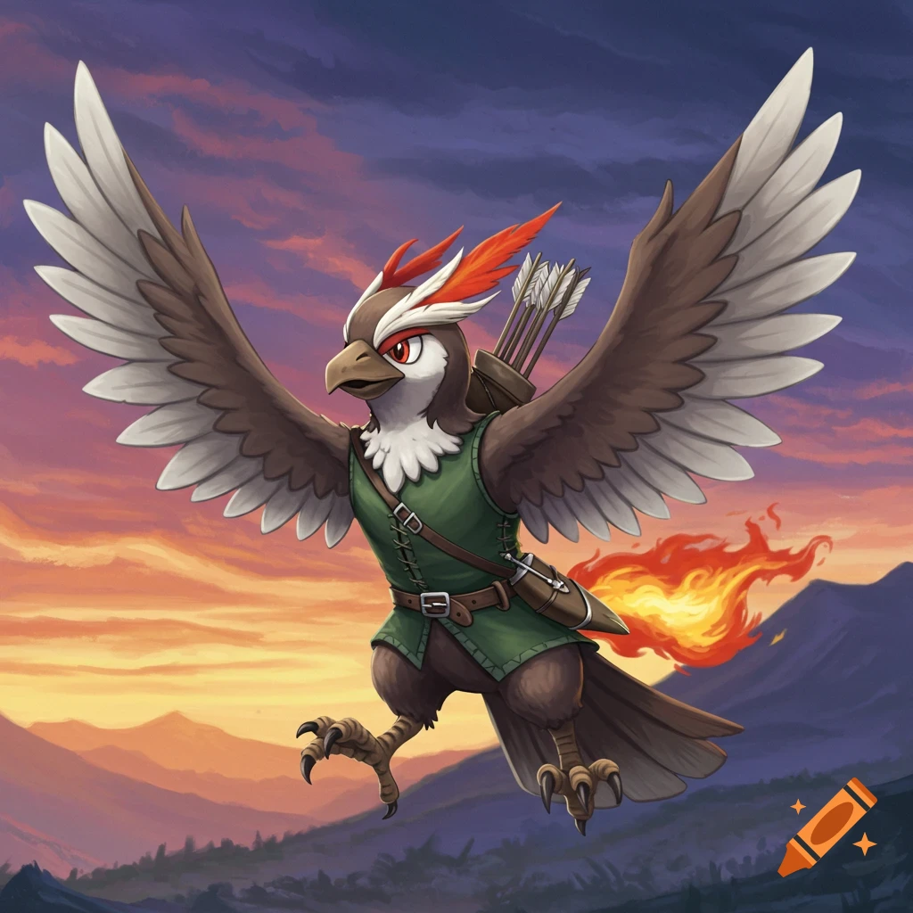 A cartoon bird creature with brown wings, white chest, and red head ...