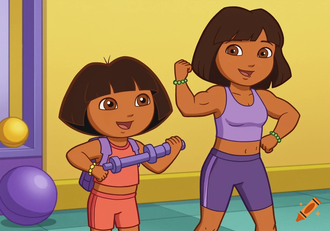 Dora and her mom flex their arms at the gym in a vibrant cartoon style ...