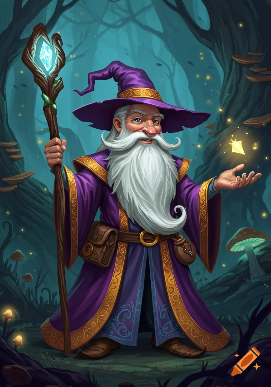 A cheerful wizard with a long white beard and purple robes holds a ...
