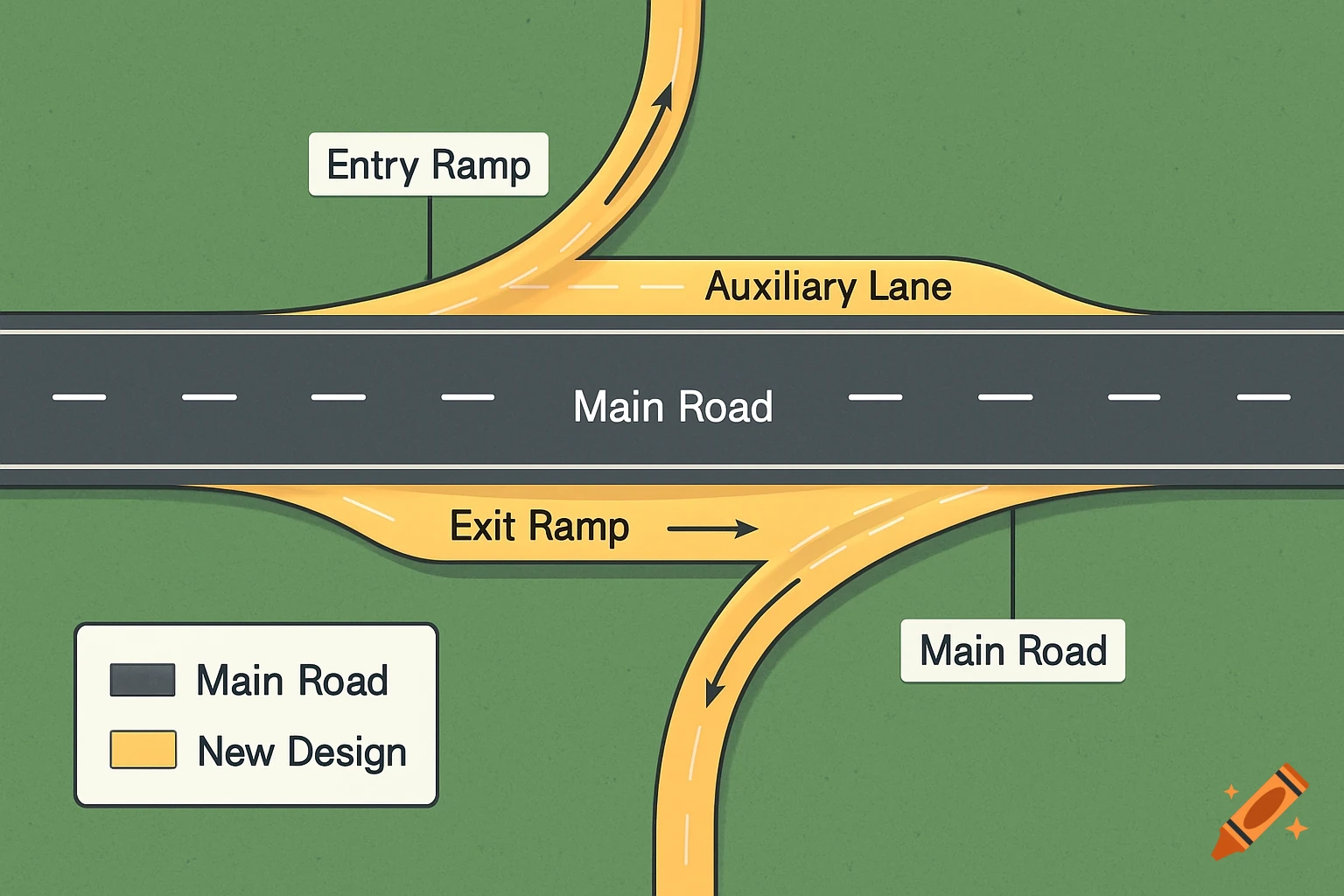 A top-down diagram of a motorway interchange with a main road, entry ...