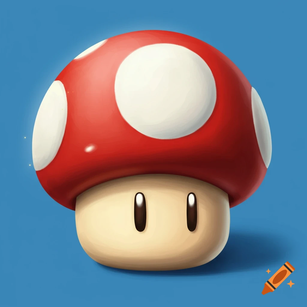 A stylized red and white Super Mario mushroom with eyes, set against a ...