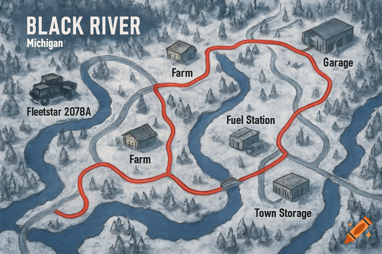 A stylized watercolor map of Black River, Michigan, showing a snowy ...