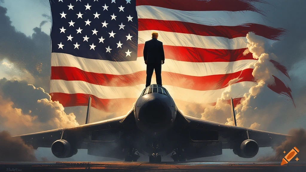 Donald Trump stands atop a B2 bomber with a large American flag ...