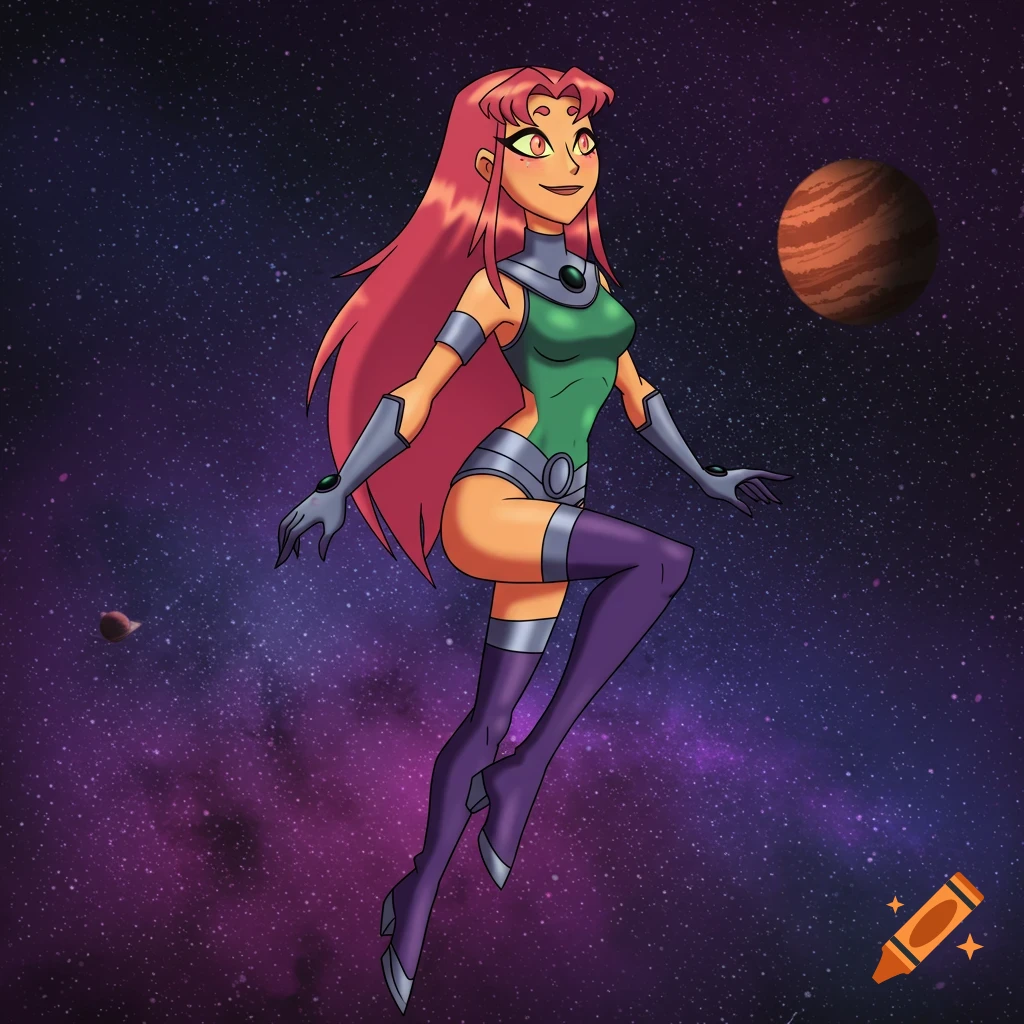 A cartoon superhero with long red hair and a green and purple suit ...