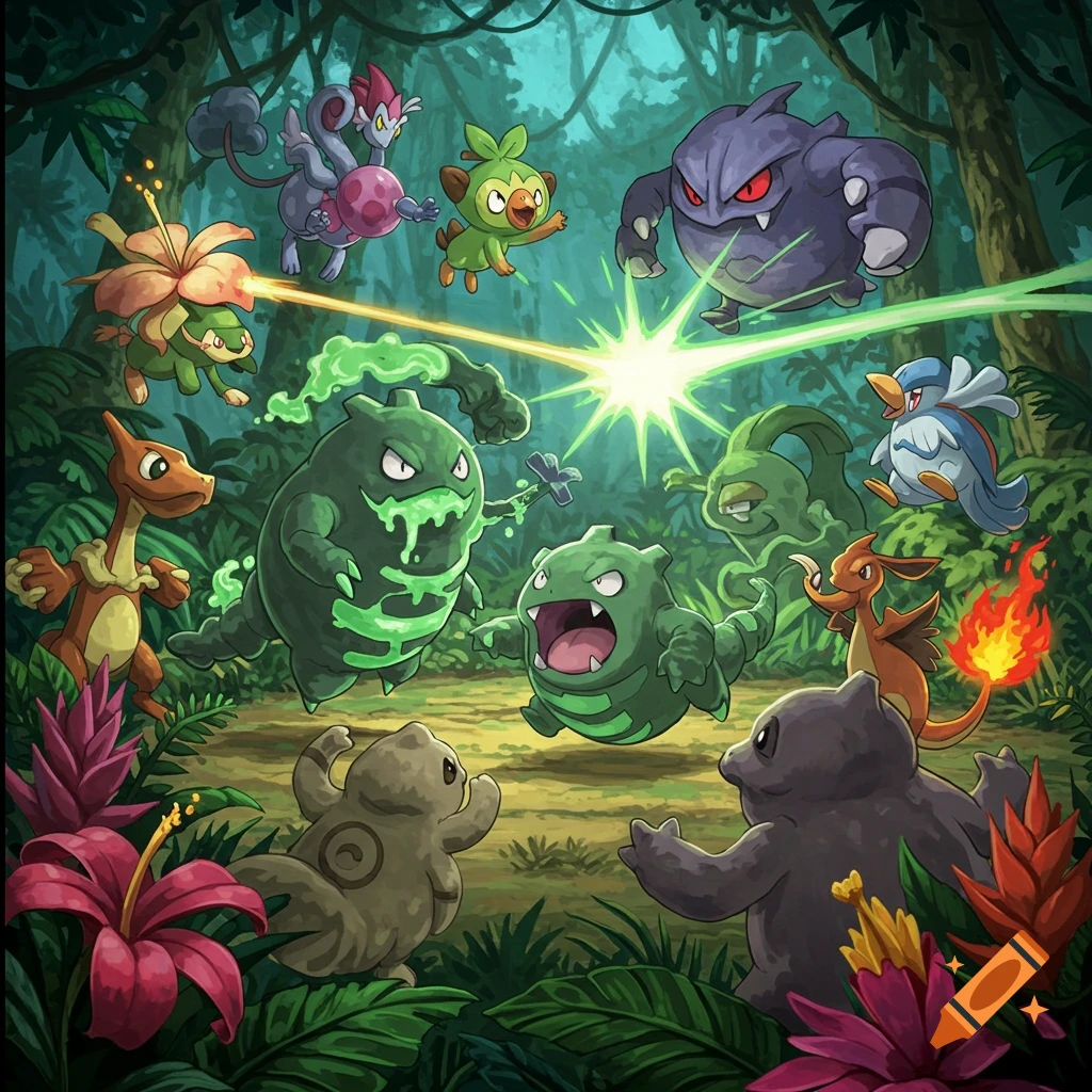 Various colorful monster creatures resembling Pokémon battle in a lush ...