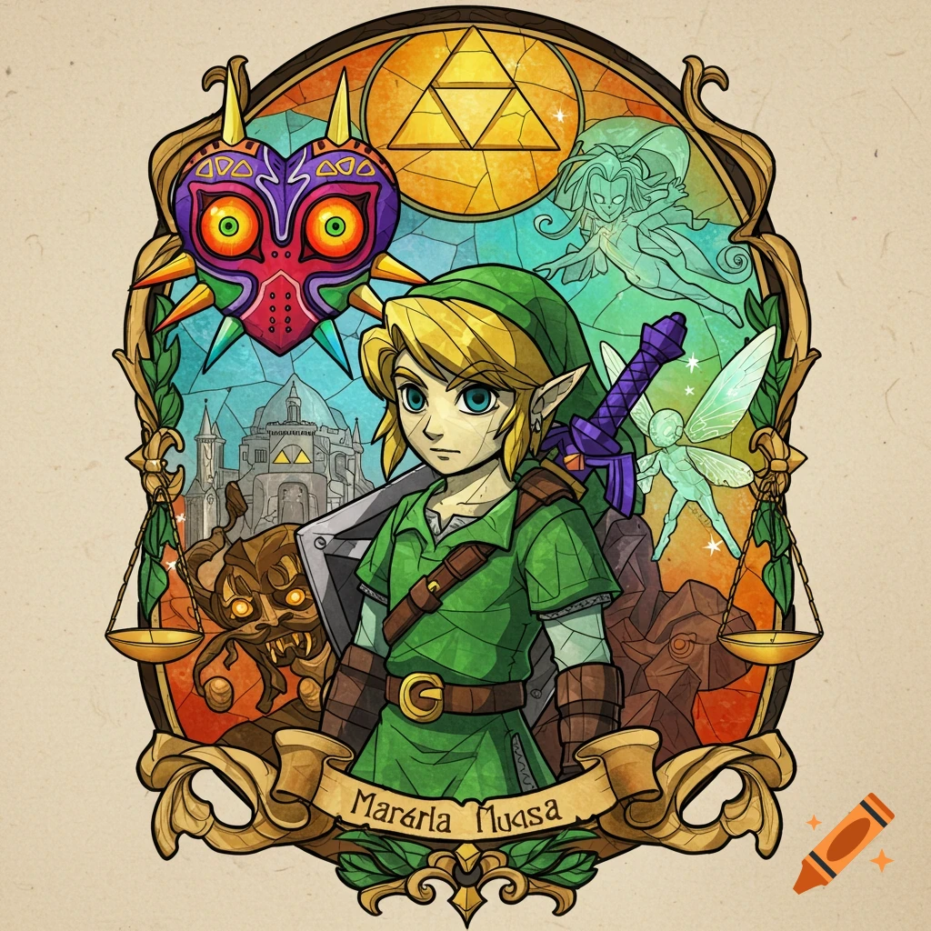 Stained glass style illustration of Link with Majora's Mask, the ...