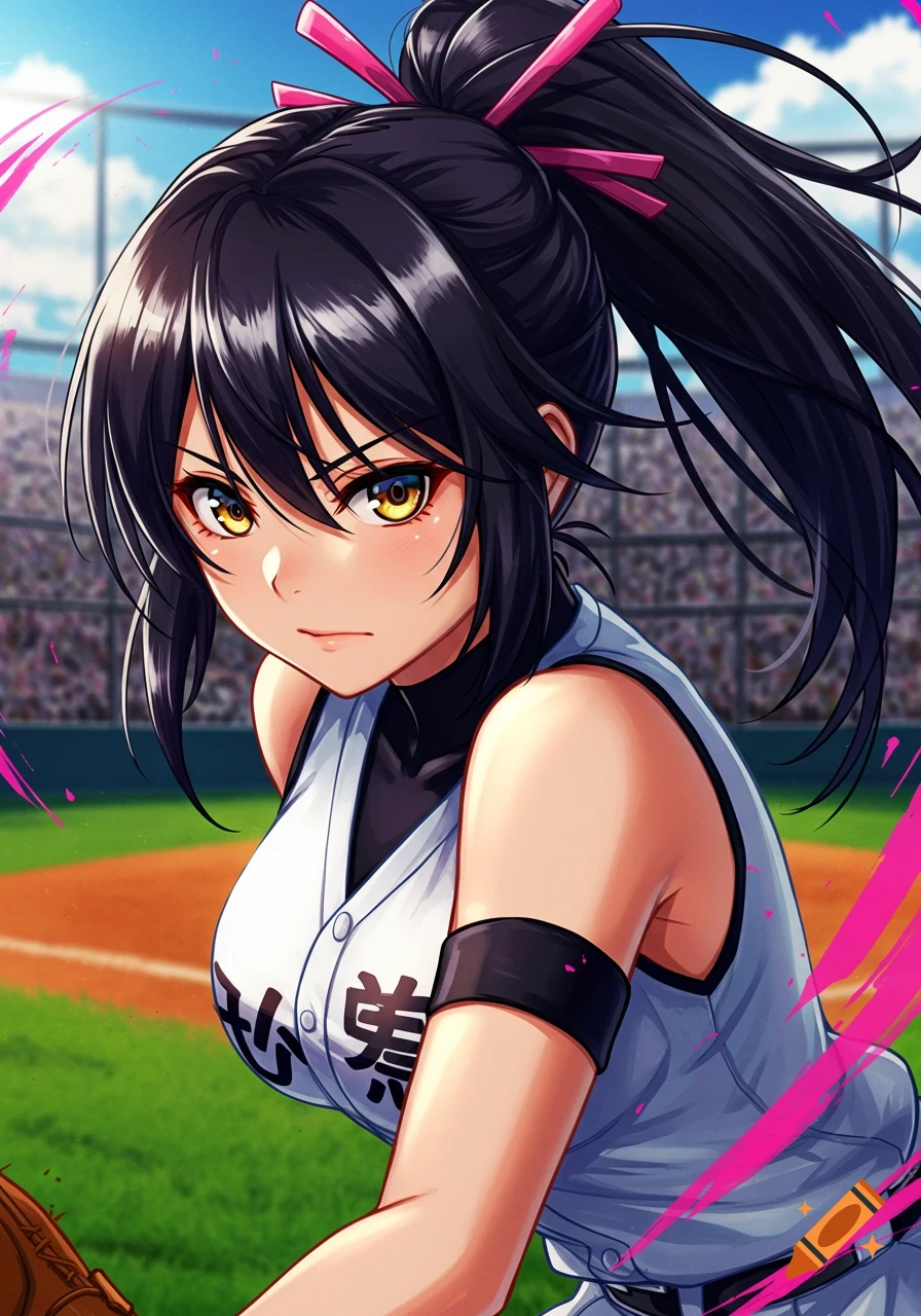 A vibrant anime illustration of a dark-haired girl in a baseball ...