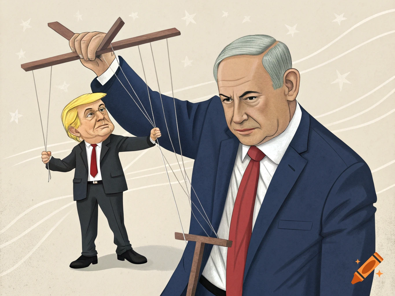 Illustration of Benjamin Netanyahu as a puppet master controlling a ...