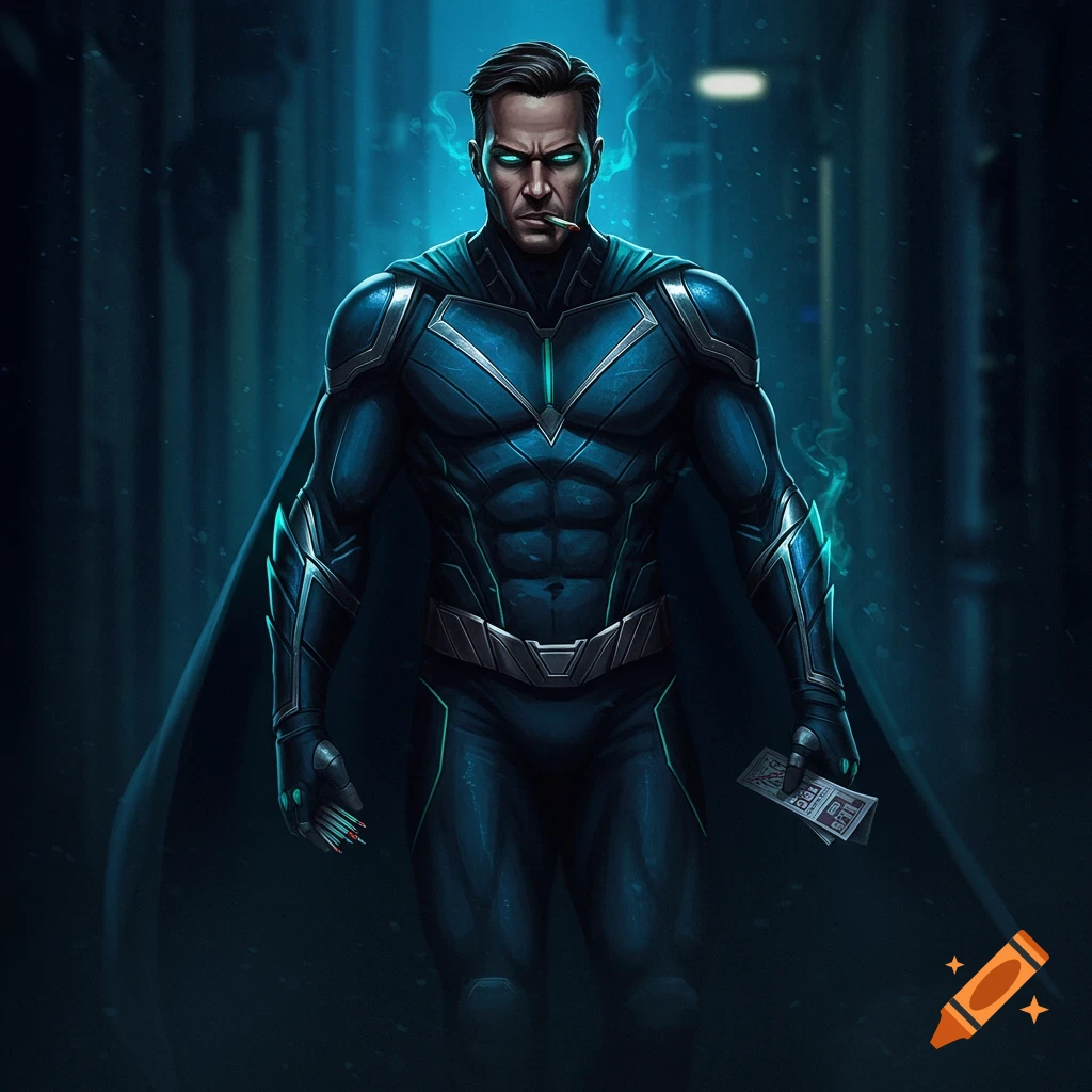 A brooding male superhero in a dark blue and silver suit with glowing ...