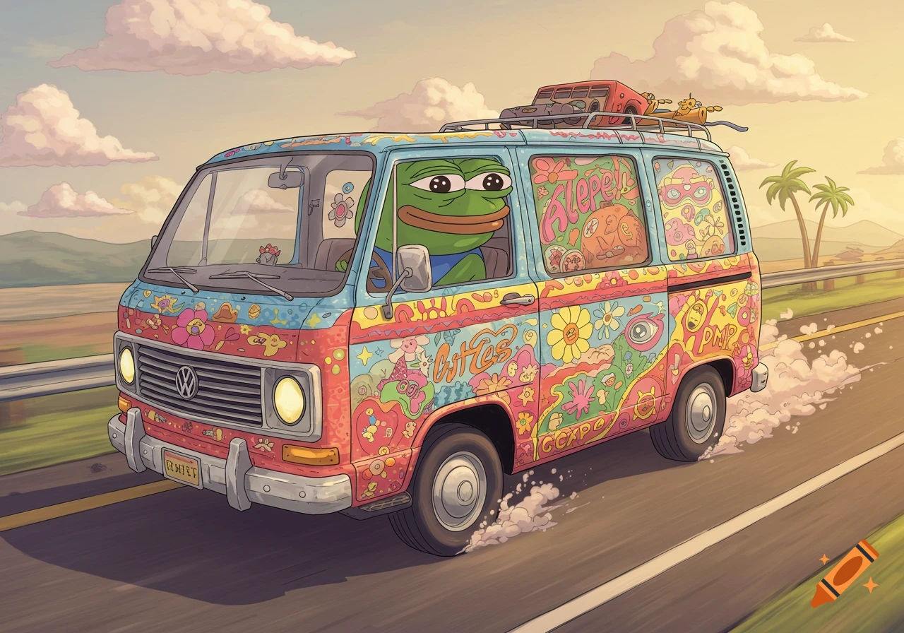 Pepe the Frog drives a brightly decorated hippie-style van down a road ...