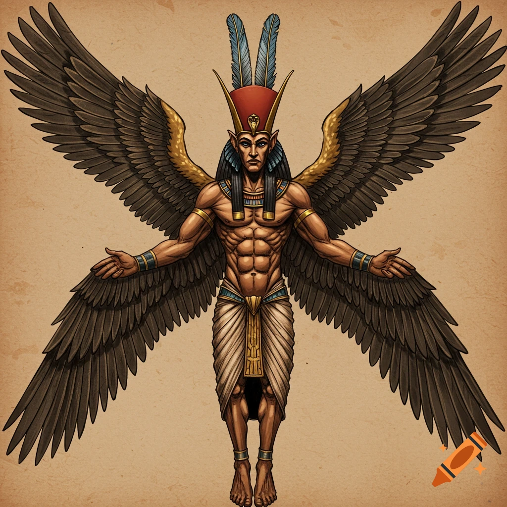An ancient Egyptian winged deity with four large wings, wearing a ...
