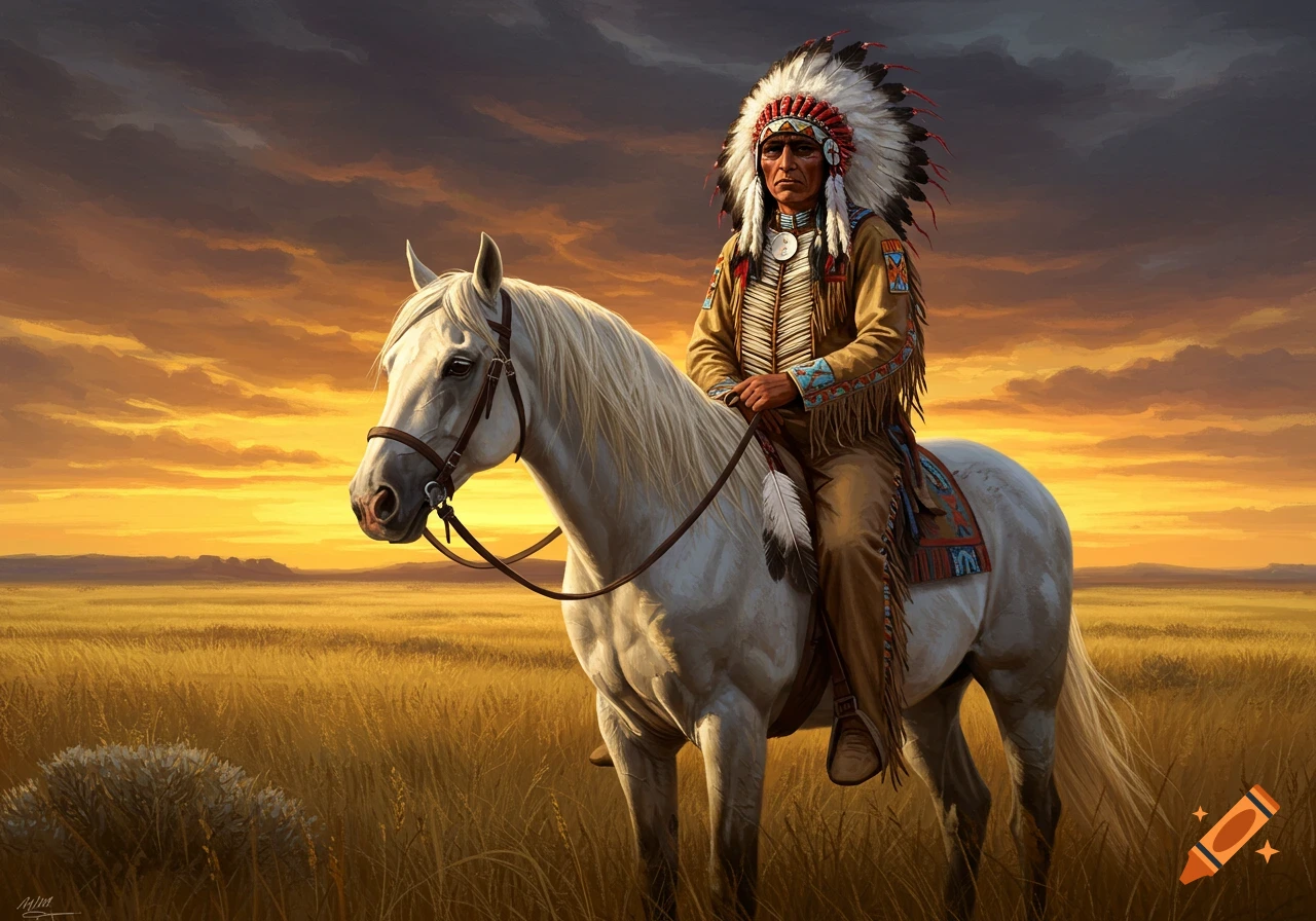 A Native American chief in a feathered headdress rides a white horse ...